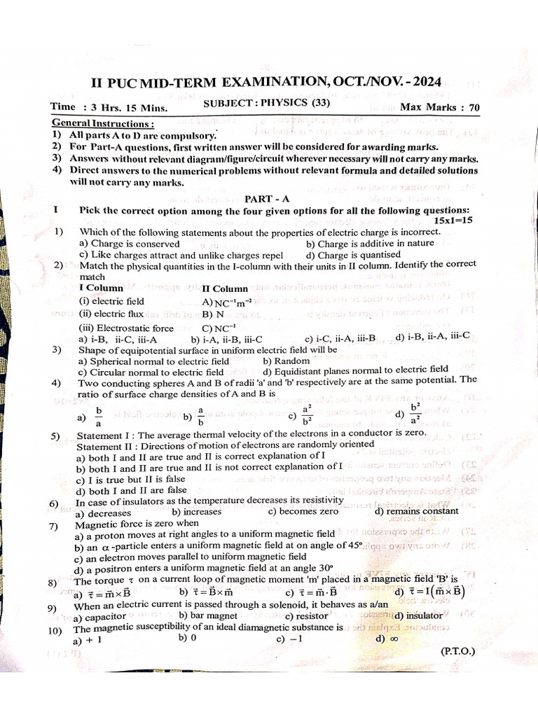 II Puc BN Mid Term Exam Oct Nov 2024-2025 Physics Solved | PDF
