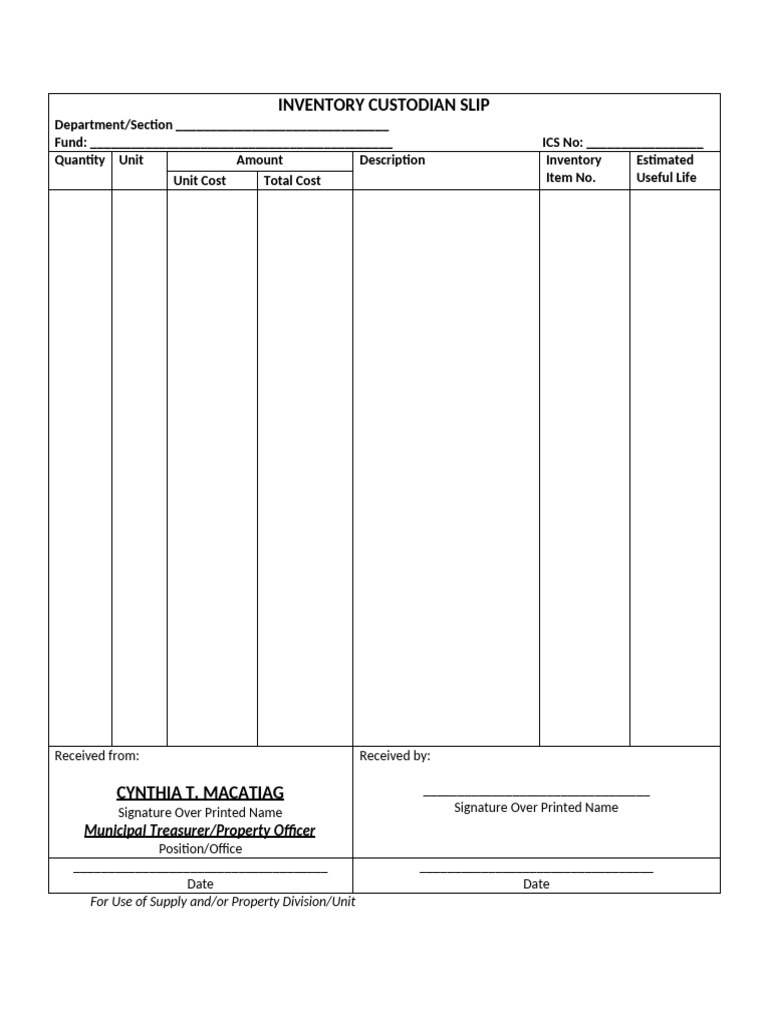 Inventory Custodian Slip Template | PDF
