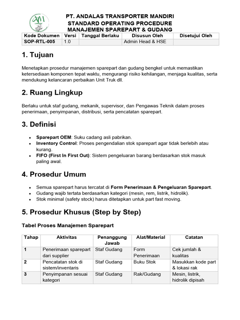 SOP Manajemen Sparepart dan Gudang | PDF
