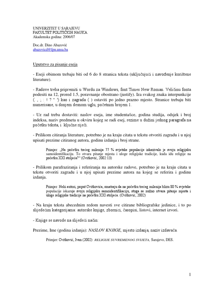 Uputa Za Pisanje Eseja | PDF