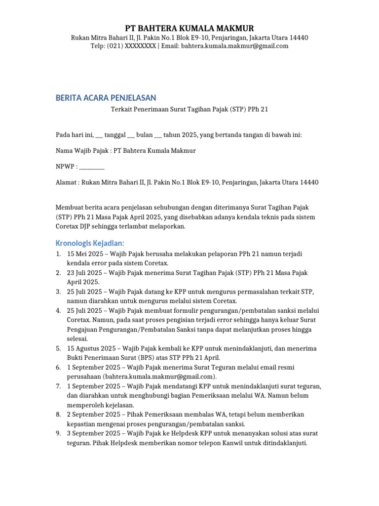 Penjelasan STP PPh 21 PT Bahtera Kumala | PDF