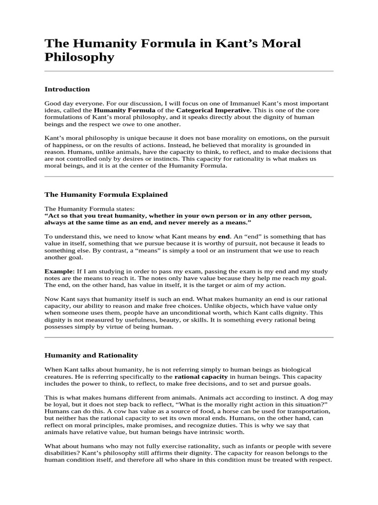 The Humanity Formula in Kant | PDF | Immanuel Kant | Rationality