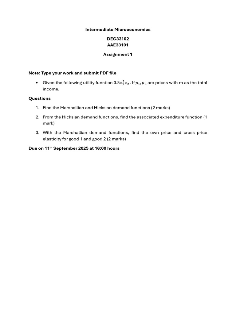 Intermediate Microeconomics Assignment 1 | PDF