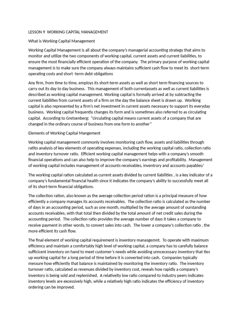 Lesson 9 Working Capital Management | PDF | Working Capital | Inventory