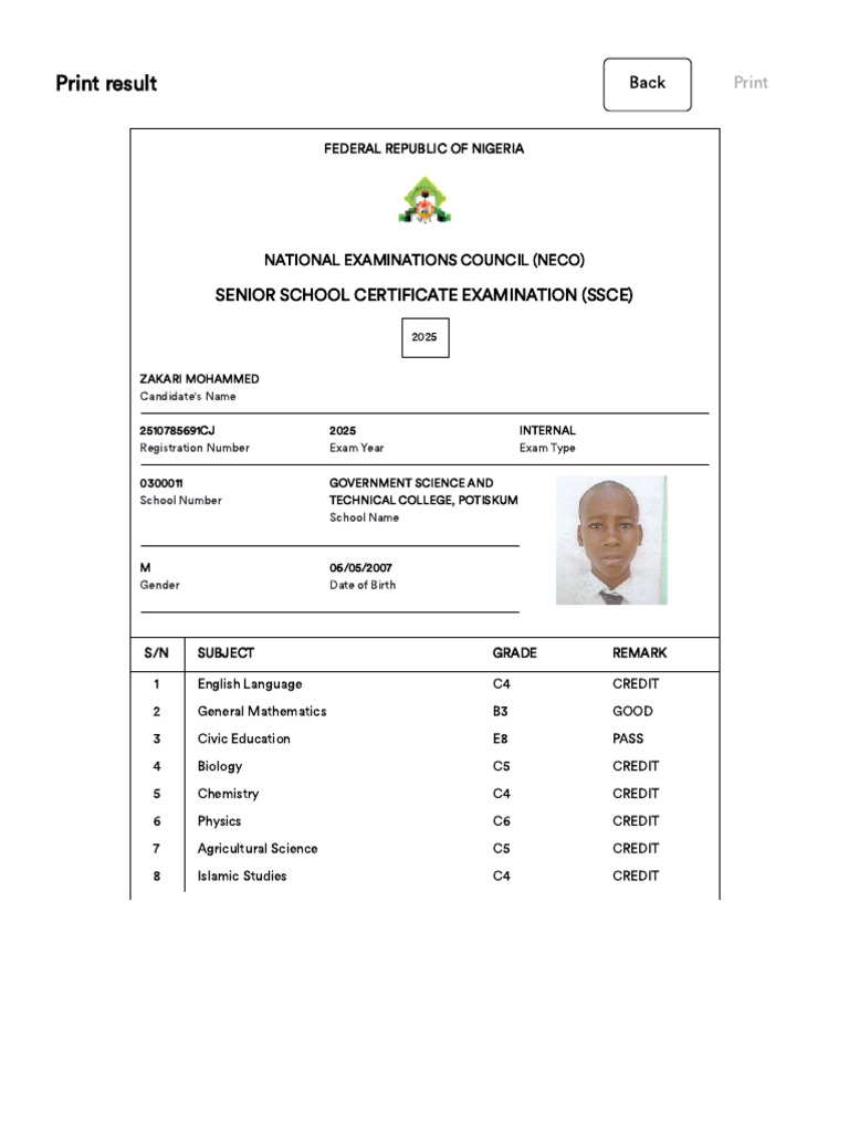 NECO Results Portal | PDF