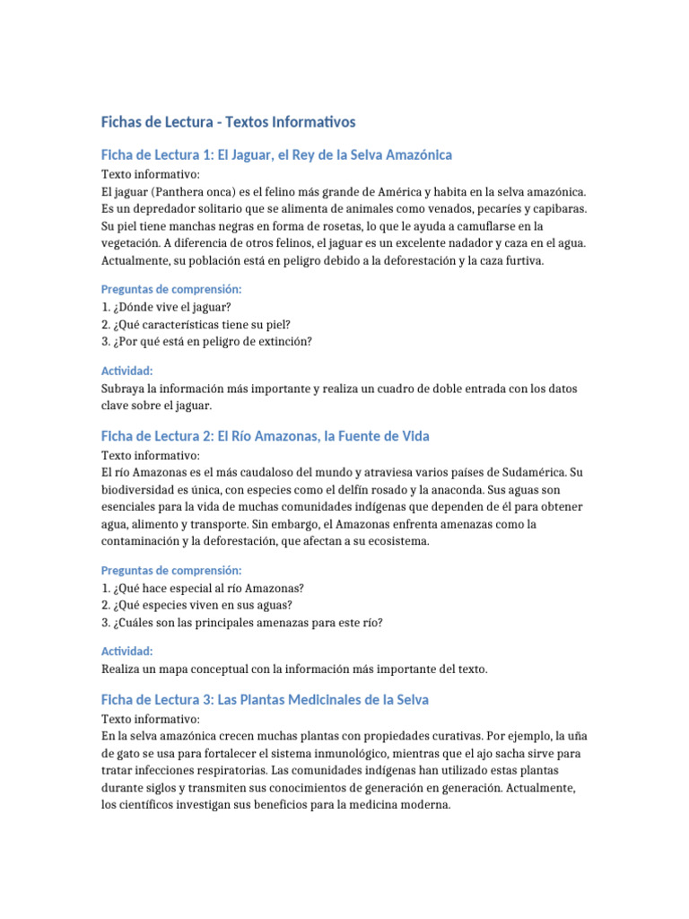 Fichas de Lectura Textos Informativos | PDF