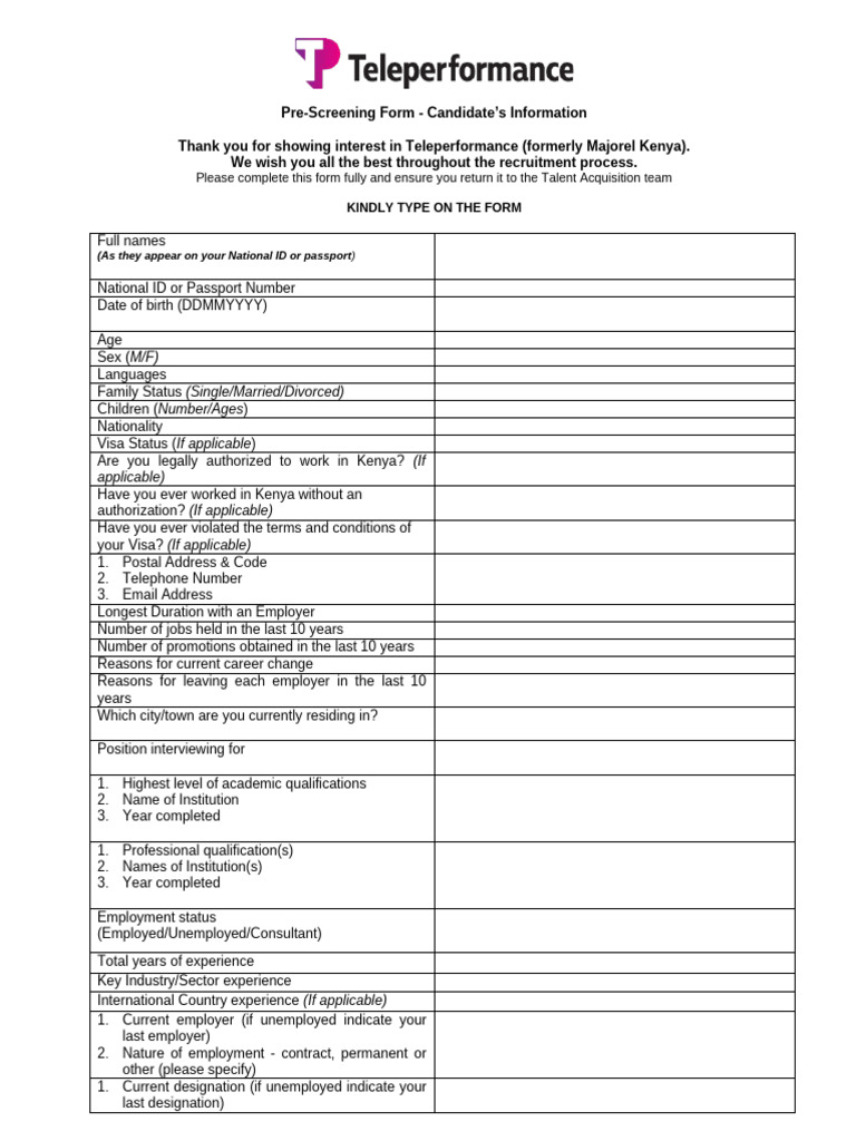 Teleperformance Candidate Pre-Screening Form | PDF | Employment | Salary