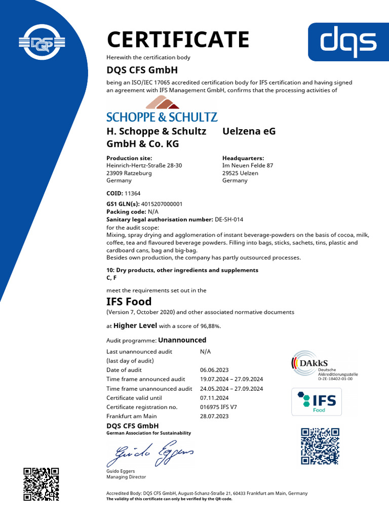 H. Schoppe & Schultz IFS Certification | PDF