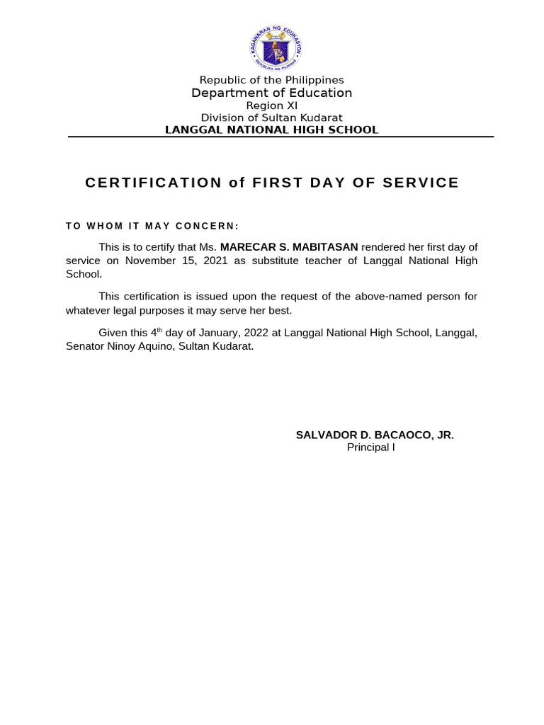 Certificate of First Day of Duty | PDF