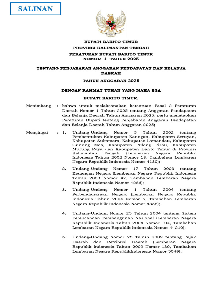 Penjabaran APBD Barito Timur 2025 | PDF