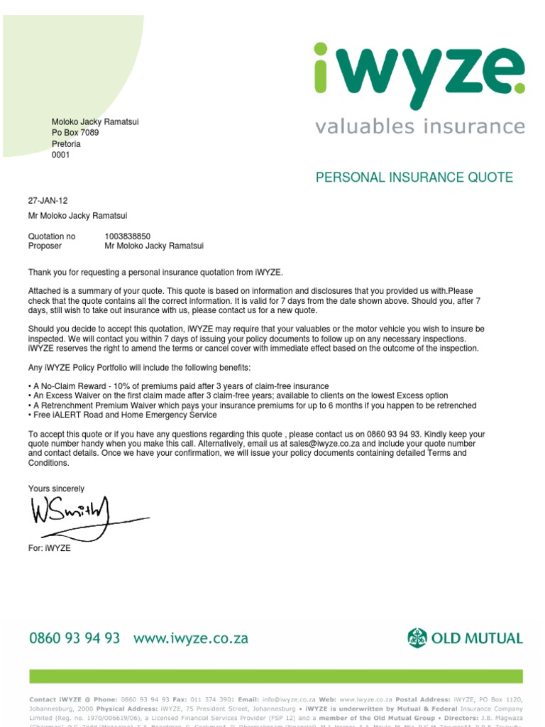 Iwyze Quote - Jan 2012 | PDF | Insurance | Government