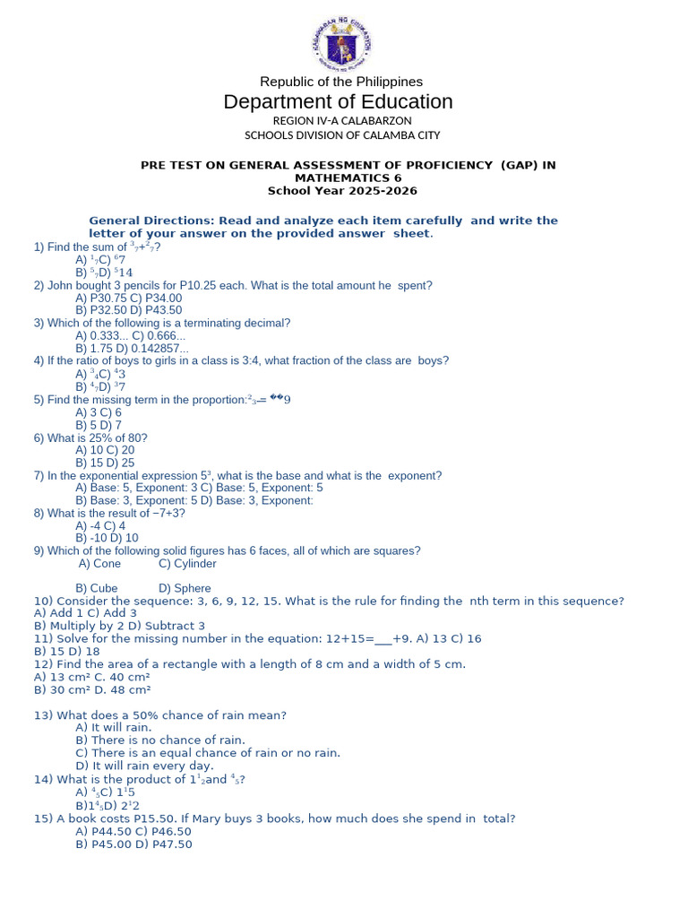 Mathematics Proficiency Pre-Test 6 | PDF | Ratio | Area