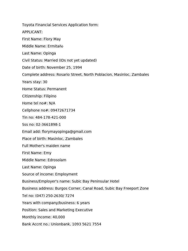 Toyota Financial Services Application Form | PDF