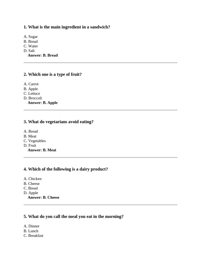 Food and Grammar Quiz for Kids | PDF | Foods | Cuisine