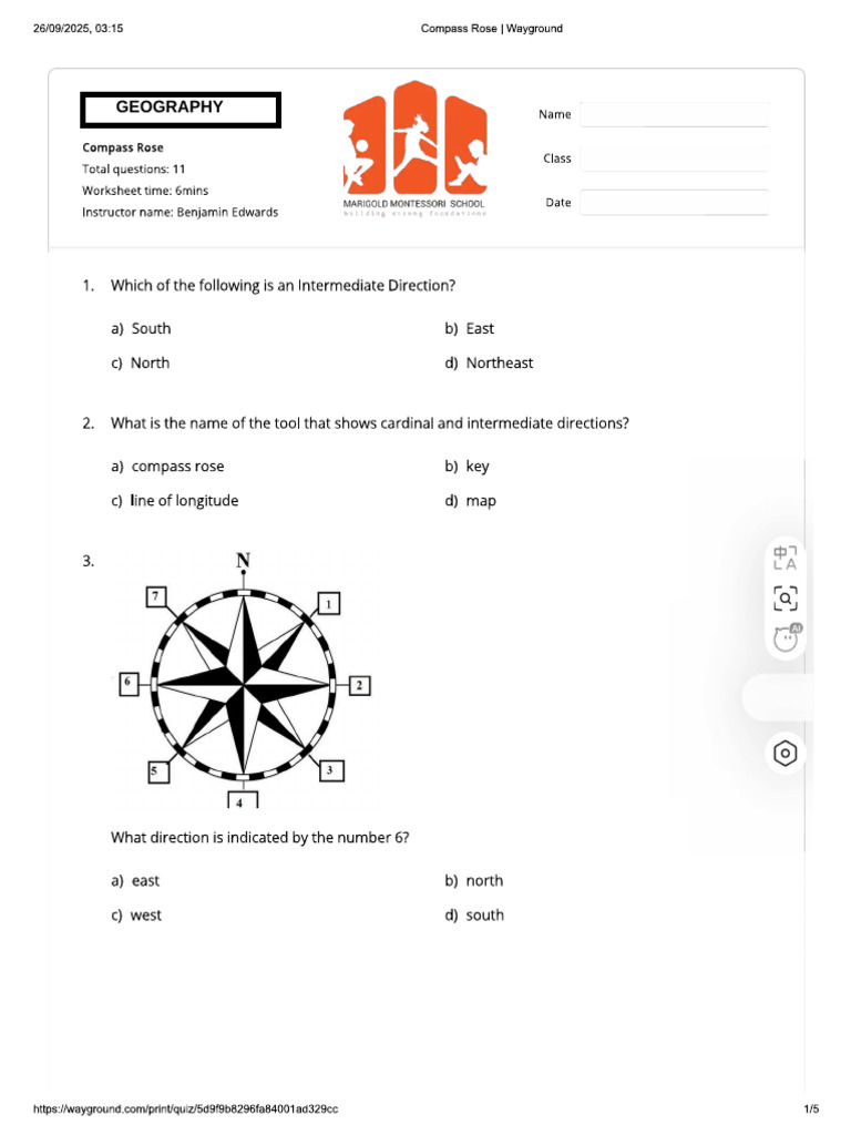 Cardinal Points Classwork | PDF