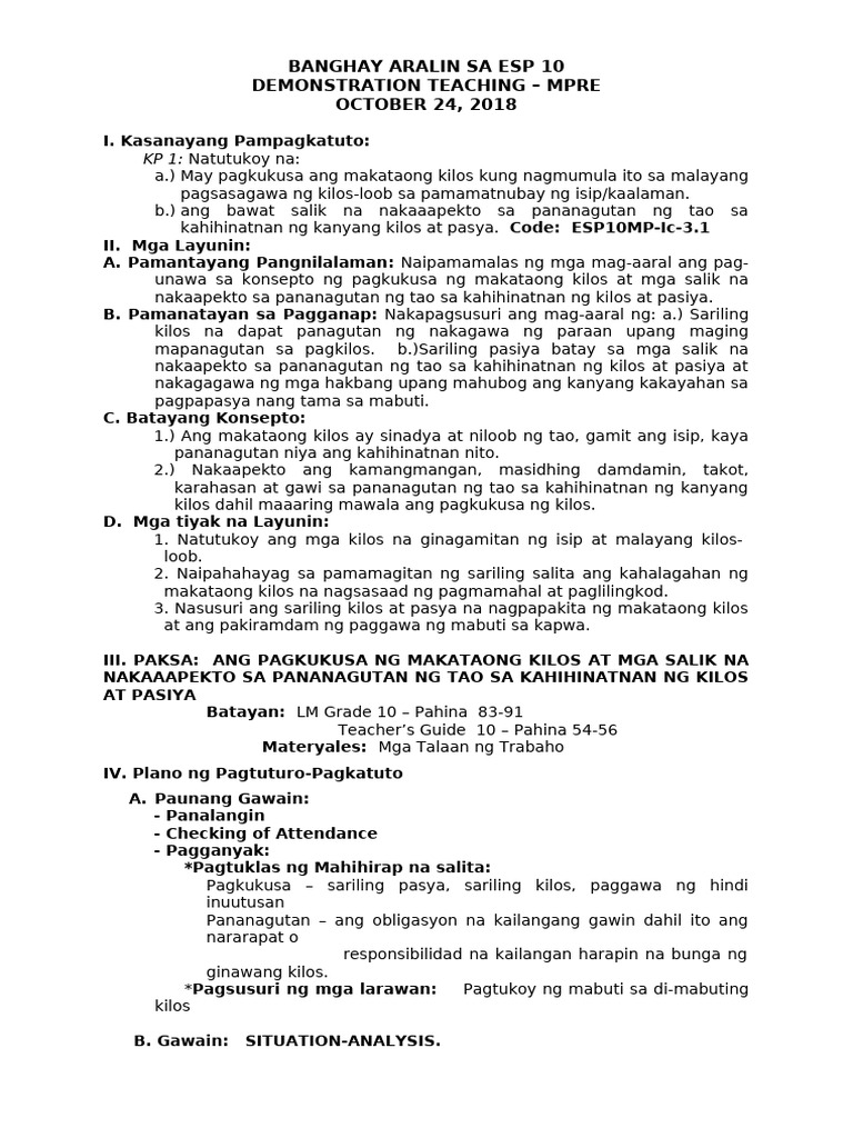 Banghay Aralin Sa Esp 10 | PDF