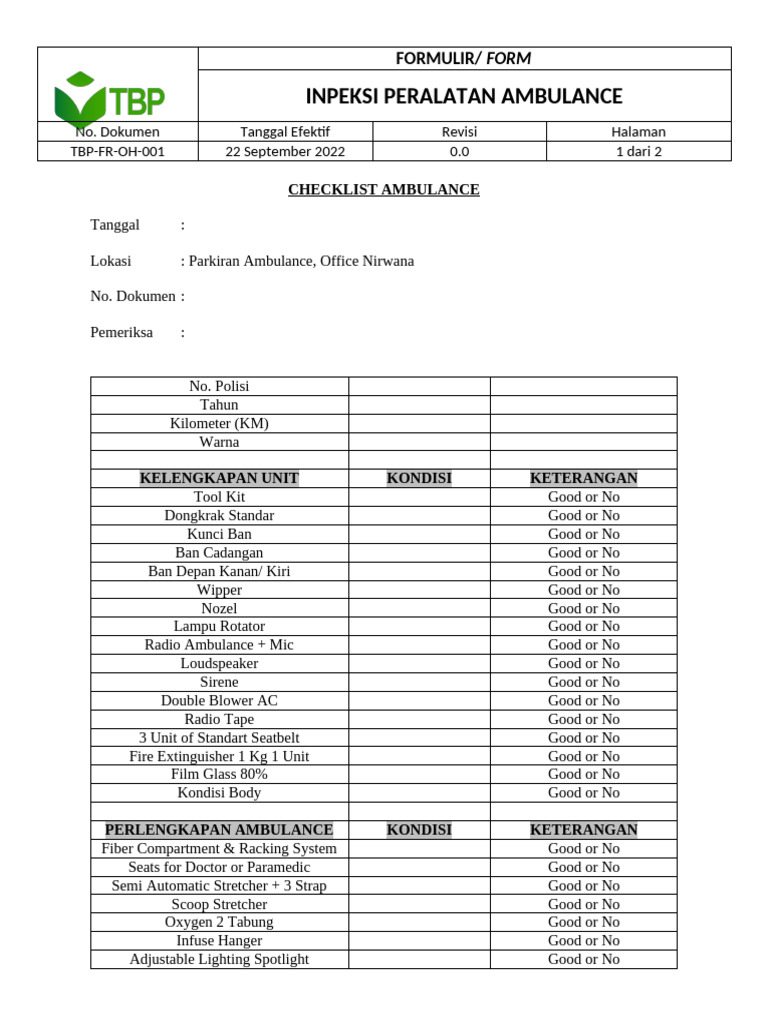 Ambulance Equipment Inspection Form | PDF | Public Services | Vehicles