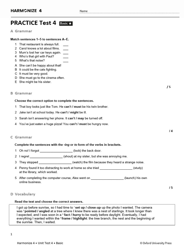Harmonize4 Unit 4 PRACTICE Test | PDF