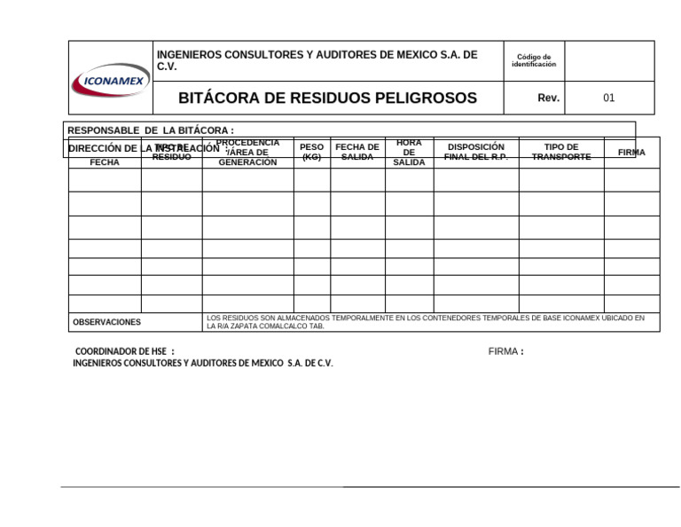 Bitácora De Residuos Peligrosos Semarnat Pdf