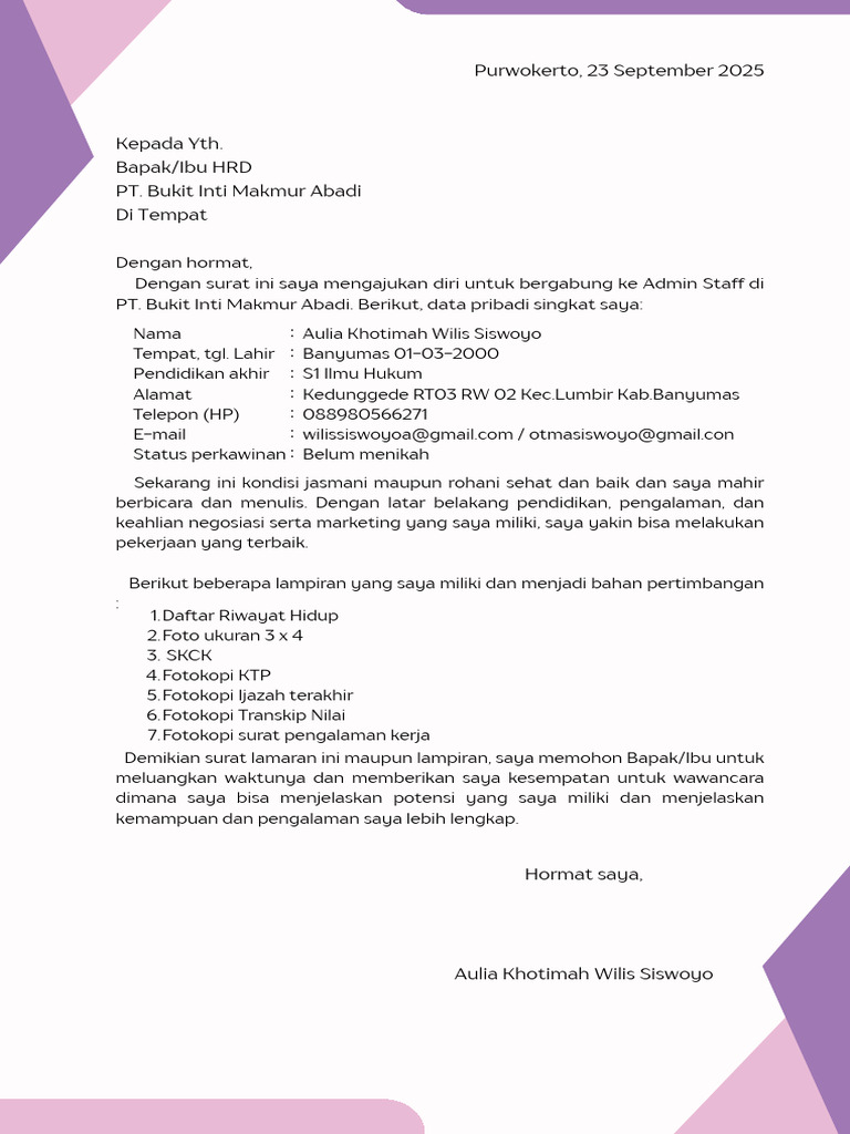 Surat Lamaran - Admin Staff | PDF