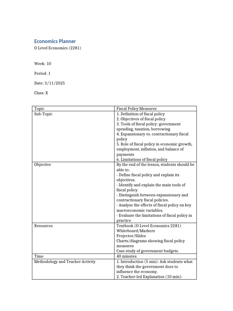 Economics Lesson Plan Fiscal Policy | PDF | Fiscal Policy | Monetary Policy