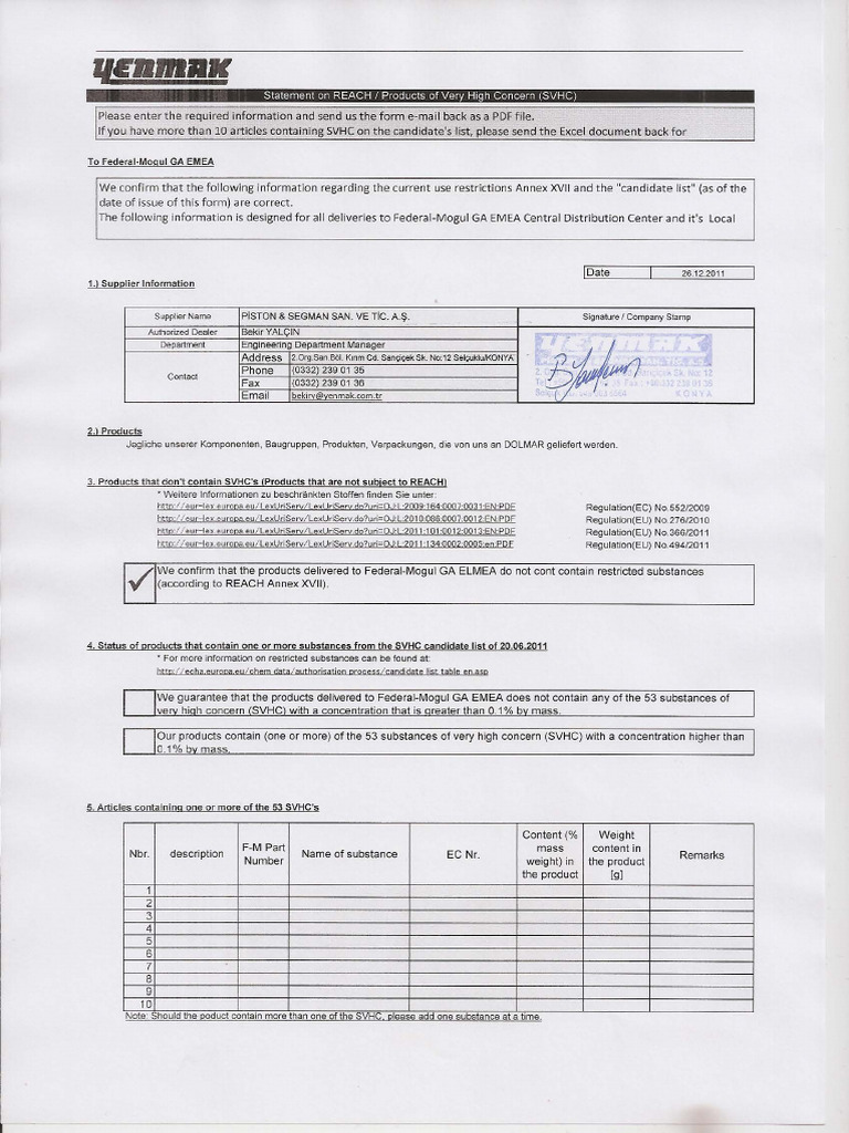 REACH Declaration Form - English | PDF