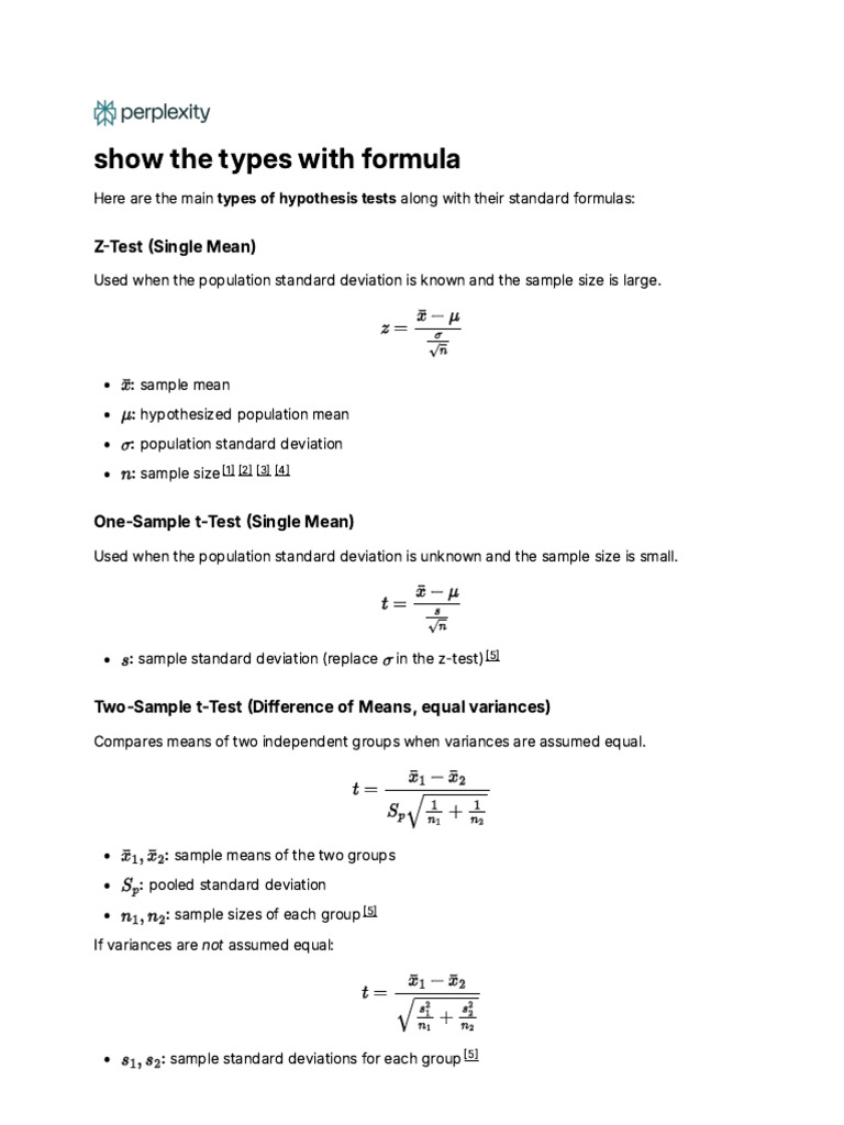 Types With Formula For Hypothesis Testing Pdf