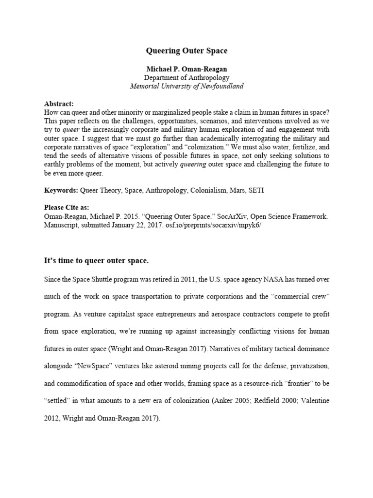 Queering Outer Space, Michael P. Oman-Reagan, 2015 | PDF | Space ...