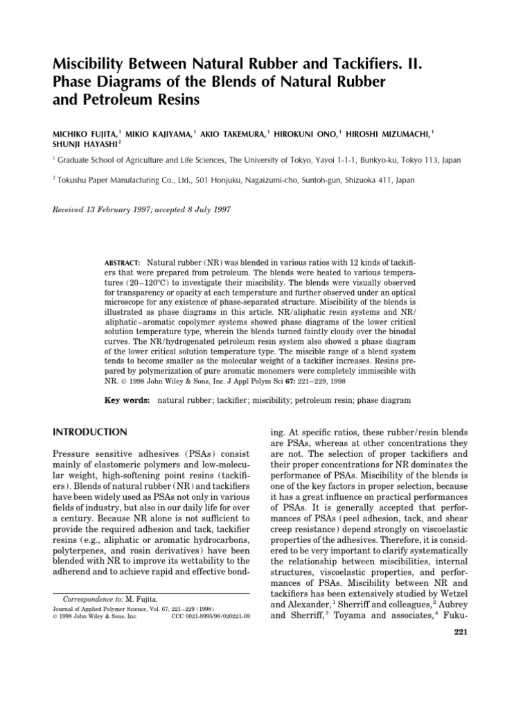 Miscibility Between Natural Rubber and Tackifiers. II. Phase Diagrams ...