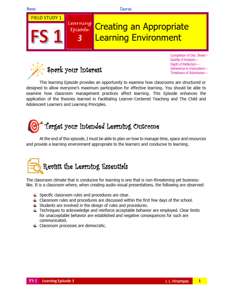 FS 1 Learning Episode 3 (2025-2026) | PDF | Learning | Classroom