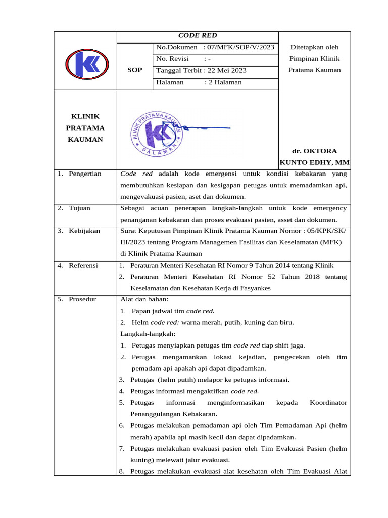 Prosedur Code Red Kebakaran Klinik | PDF