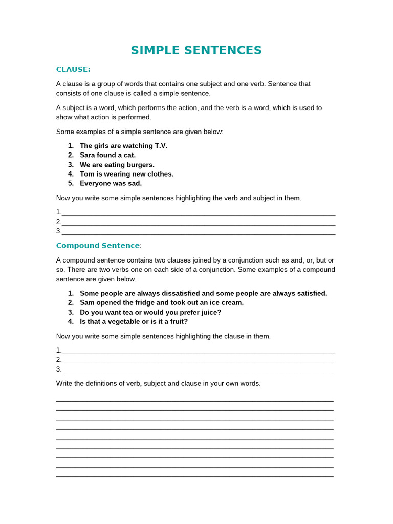 Simple Sentences Worksheet Templates Layouts 144938 | PDF