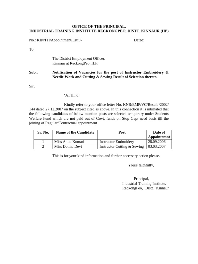 SWF Appointment Intimation | PDF