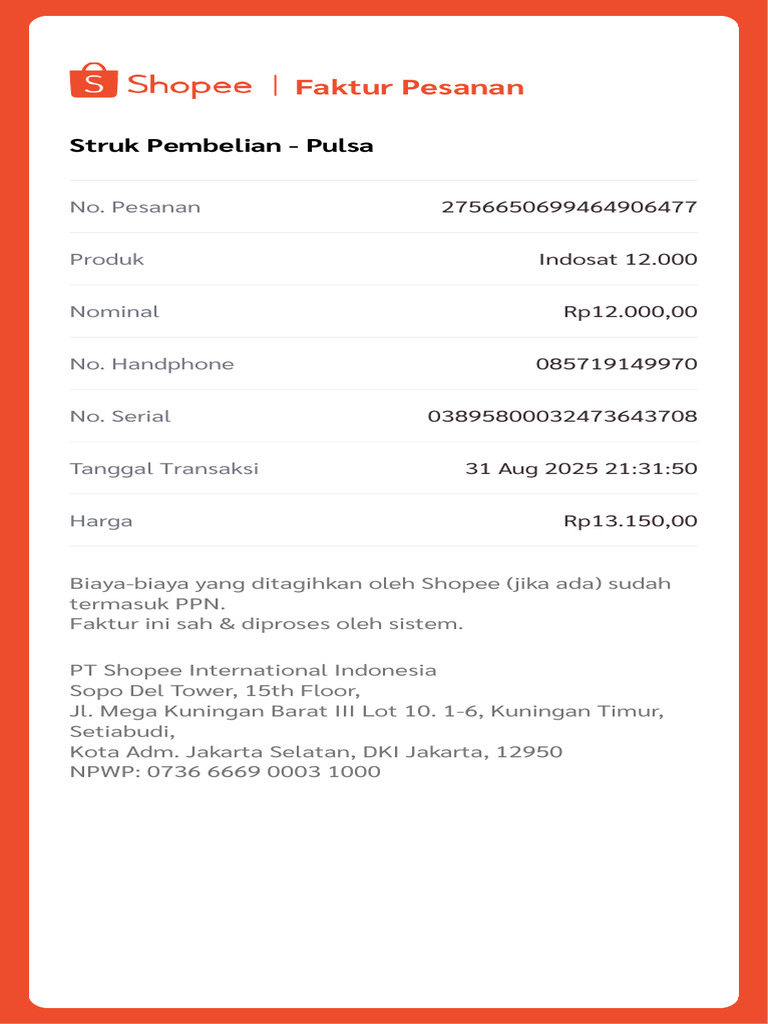 Faktur Pesanan: Struk Pembelian - Pulsa | PDF