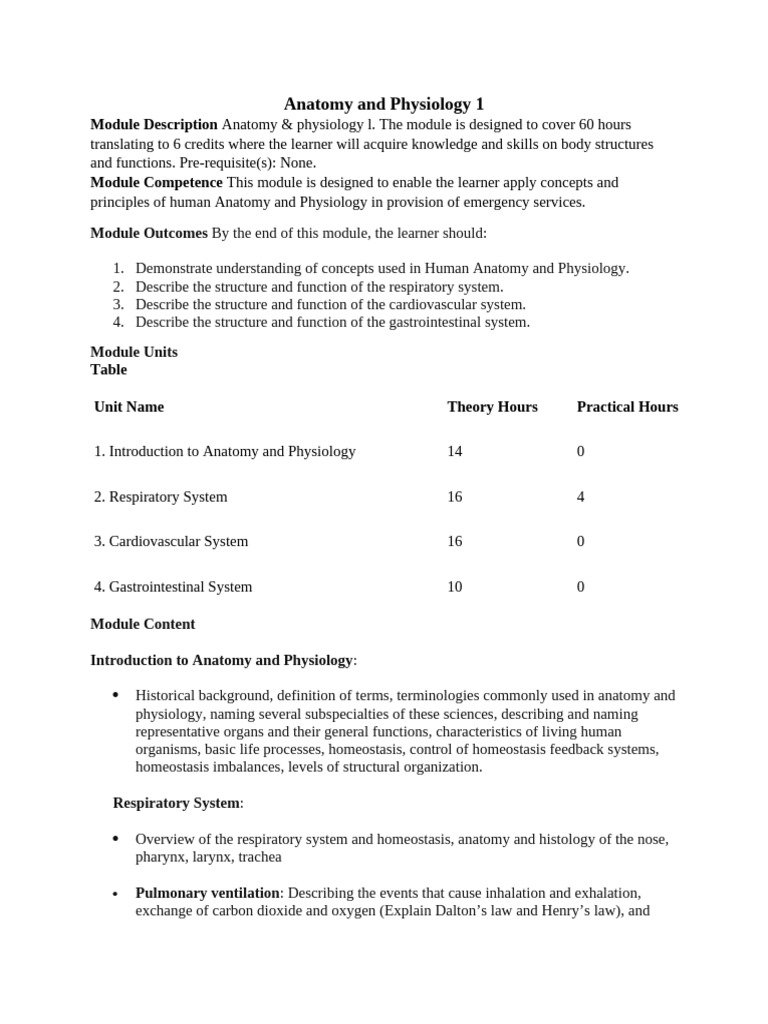Anat & Physio Course Outline | PDF | Respiratory System | Circulatory ...