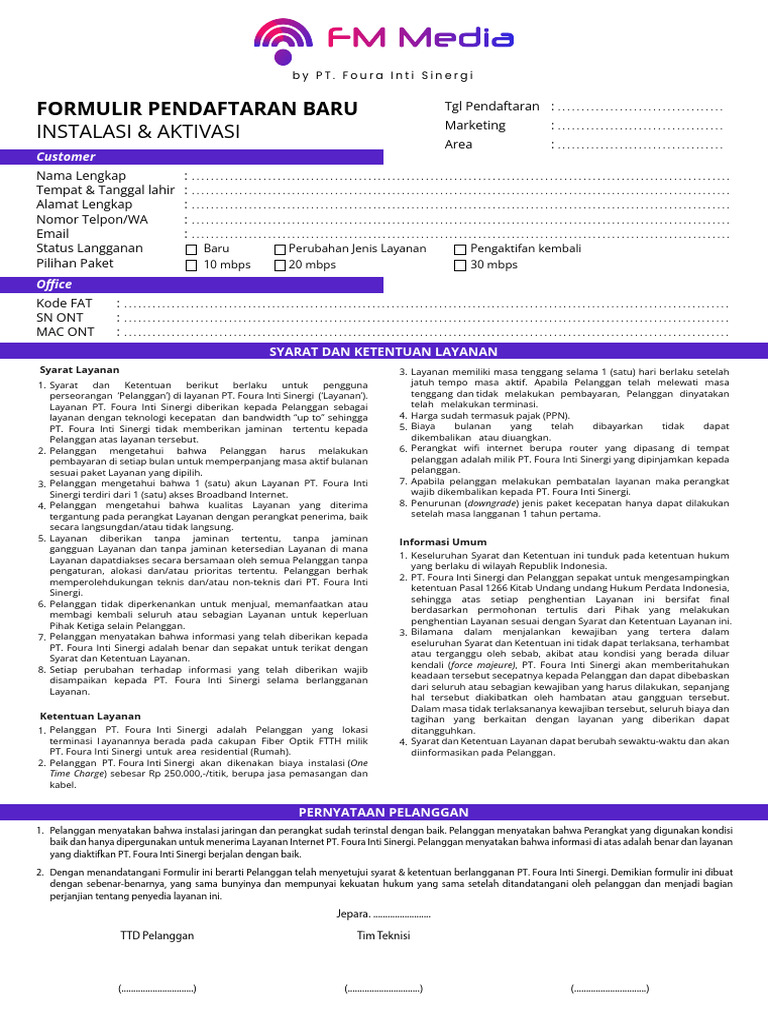 Formulir Pendaftaran Layanan Internet | PDF
