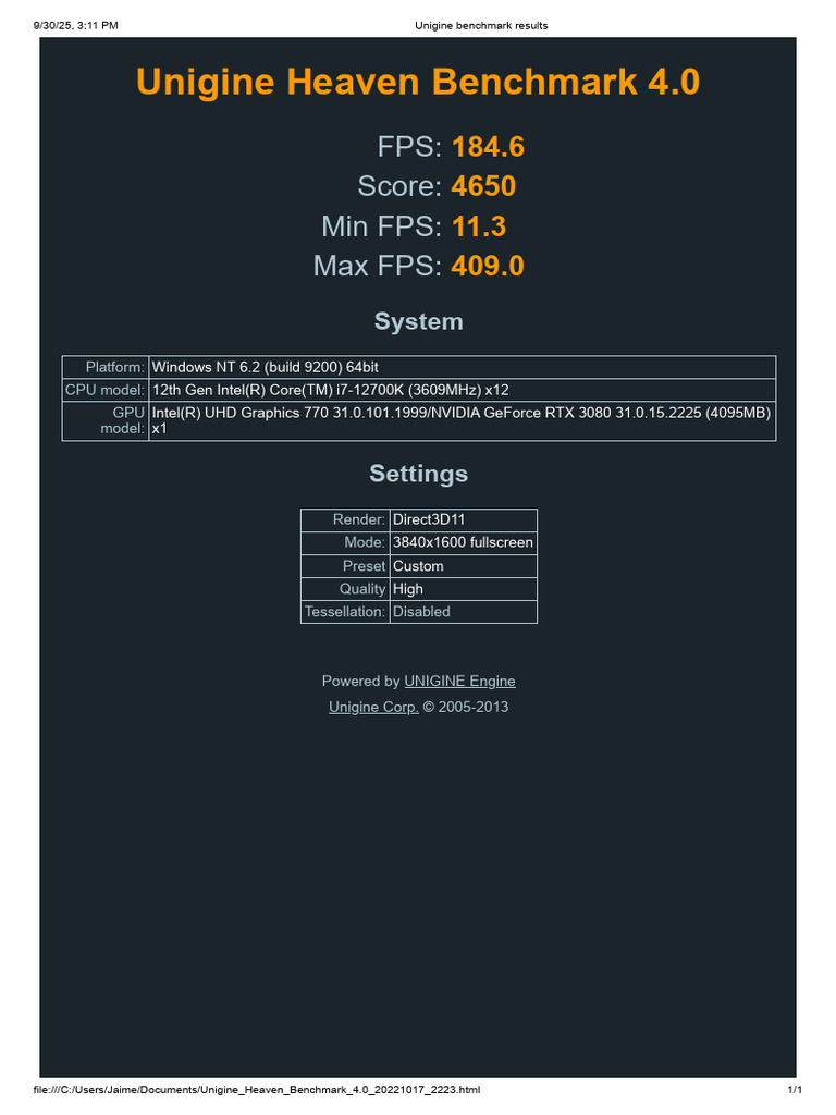 Unigine Heaven Benchmark 4.0 Results | PDF