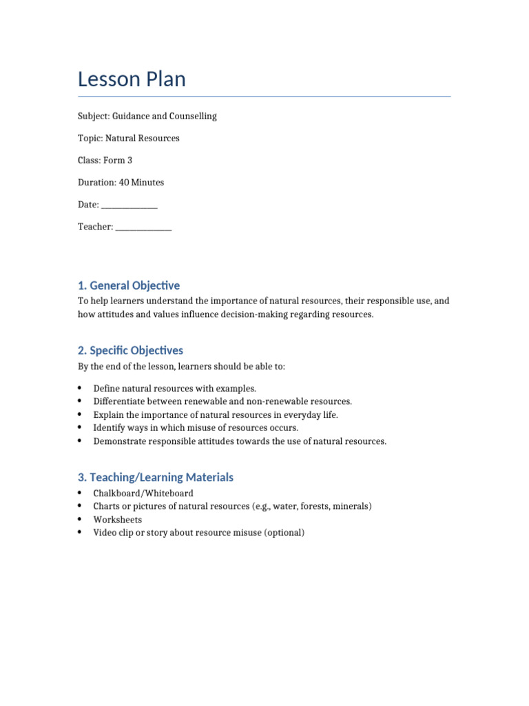Form 3 Lesson Plan on Natural Resources | PDF