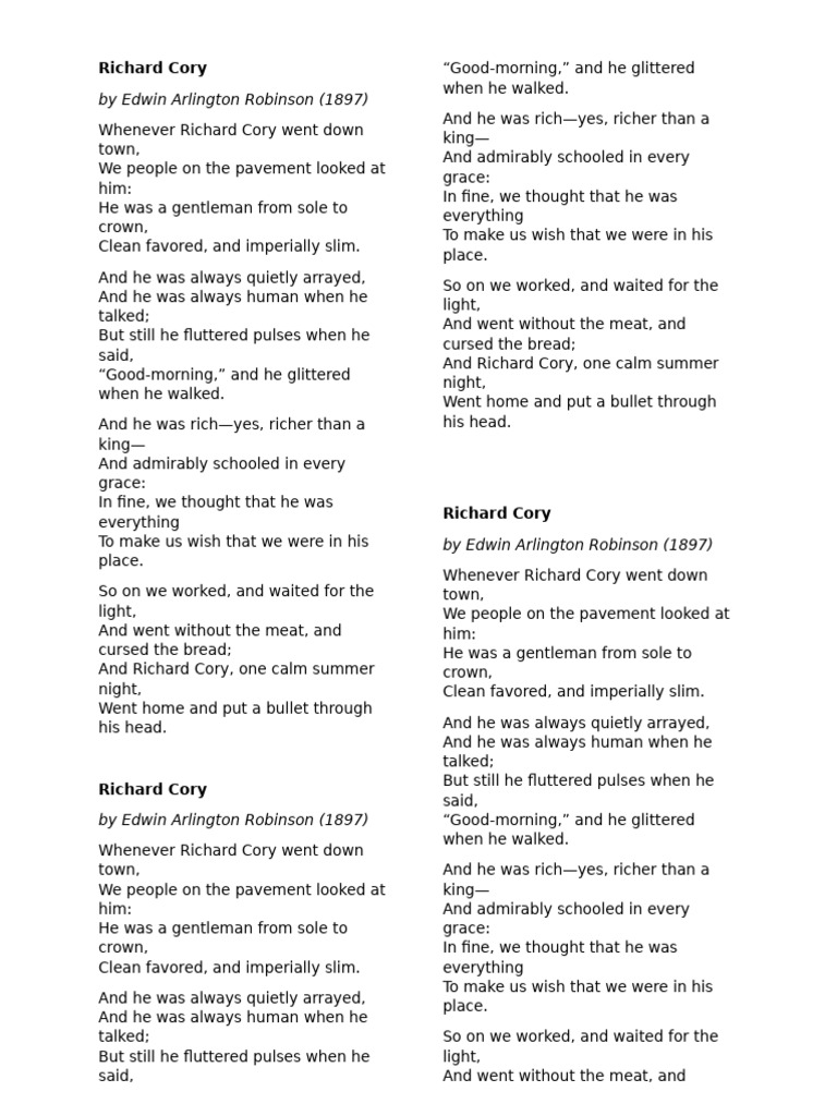 Richard Cory: A Poetic Analysis | PDF | Poetry
