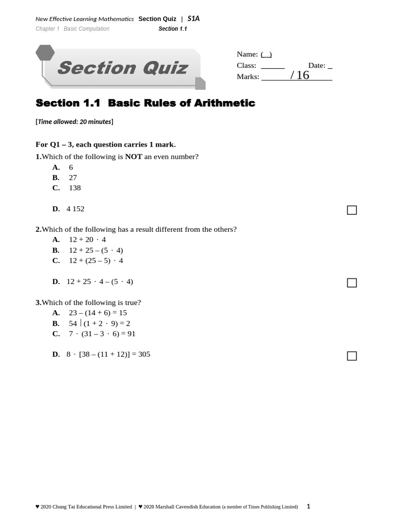 Basic Arithmetic Quiz for S1A Students | PDF | Mathematics | Arithmetic