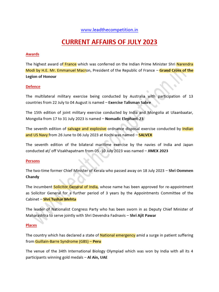 Current Affairs of July 23 | PDF