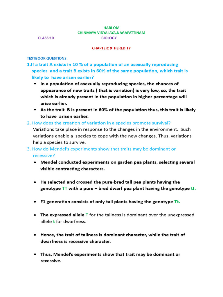 10 Bio LN 8 Heredity Q&A | PDF | Dominance (Genetics) | Genotype