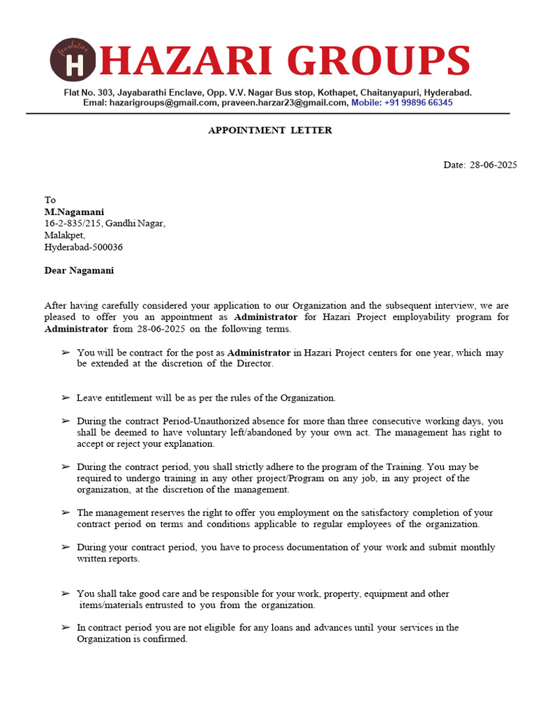 Appointment Letter for Administrator Role | PDF | Business