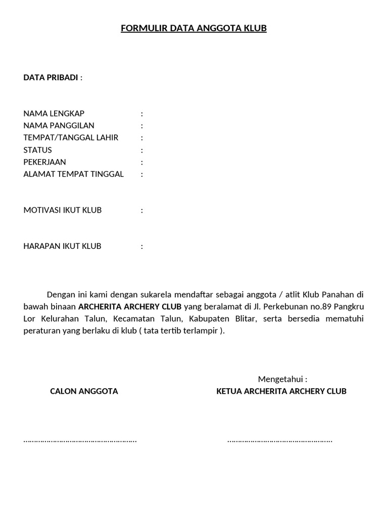 Formulir Data Anggota Klub | PDF