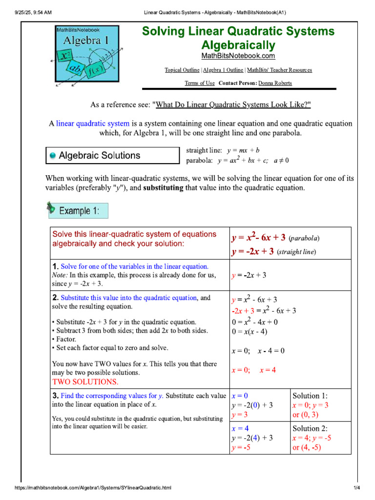 Linear Quadratic Systems - Algebraically - MathBitsNotebook (A1) | PDF