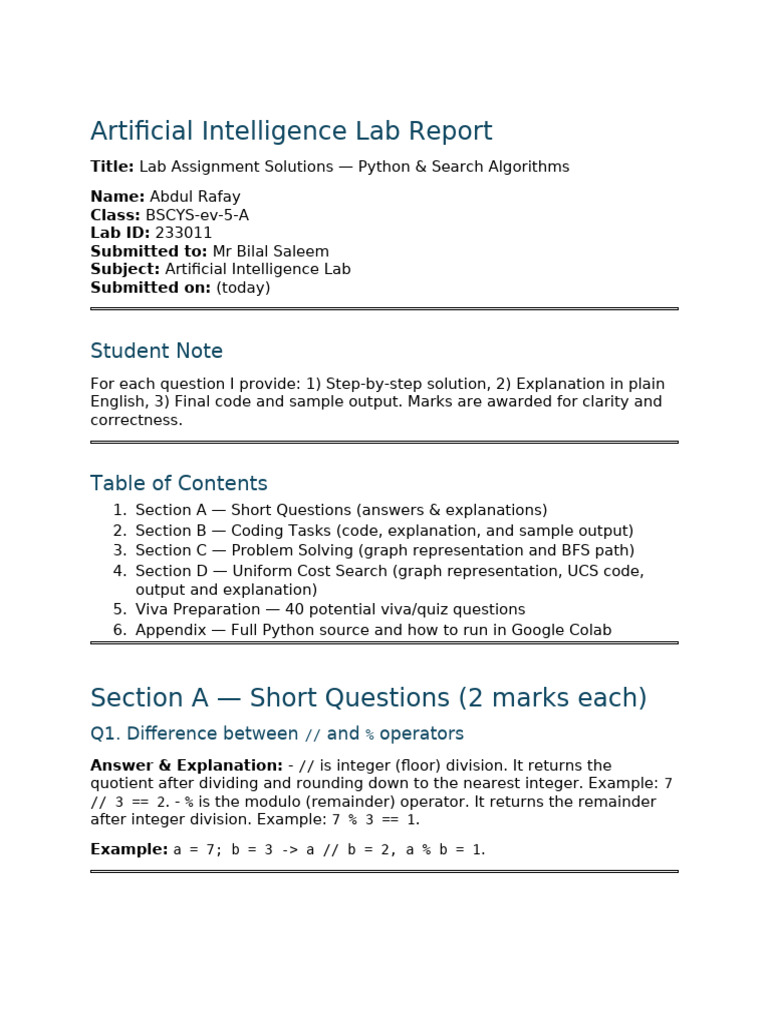 AI Lab Report: Python Solutions & Code | PDF | Algorithms | Theoretical ...