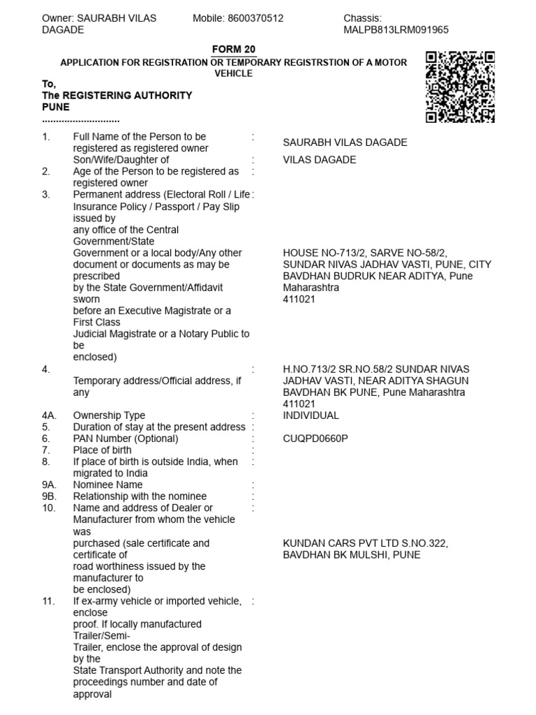 Form 20 Registration Application - Maharashtra | PDF | Semi Trailer ...