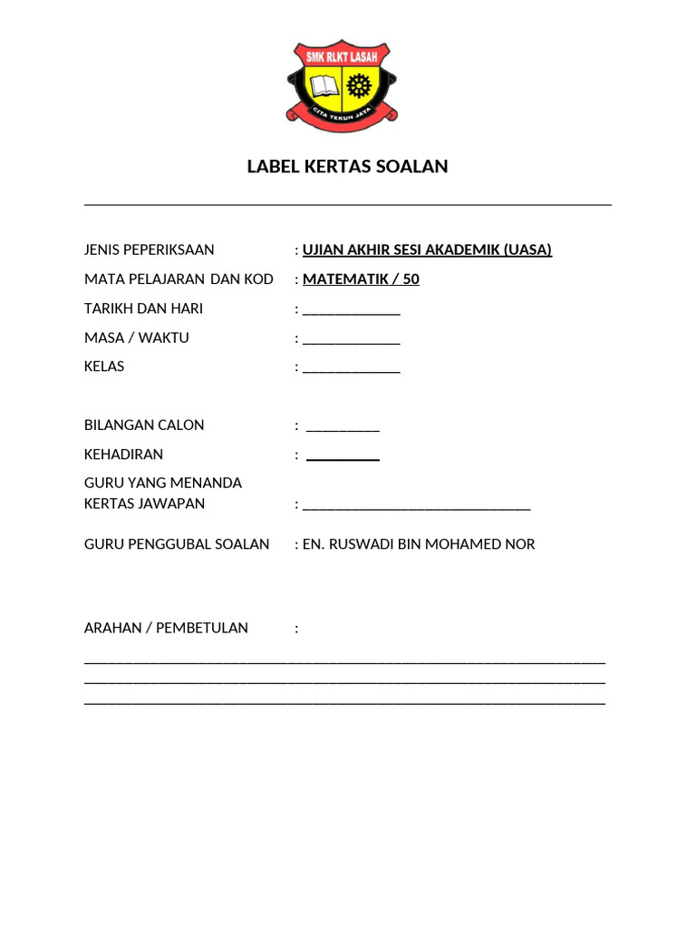 Label Sampul Kertas Soalan | PDF