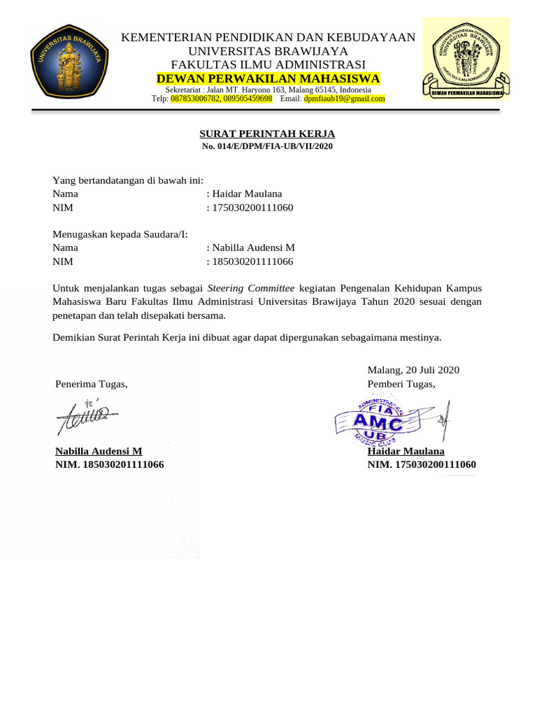 (Amc) Surat Perintah Kerja SC Pkkmaba Fia Ub 2020 | PDF