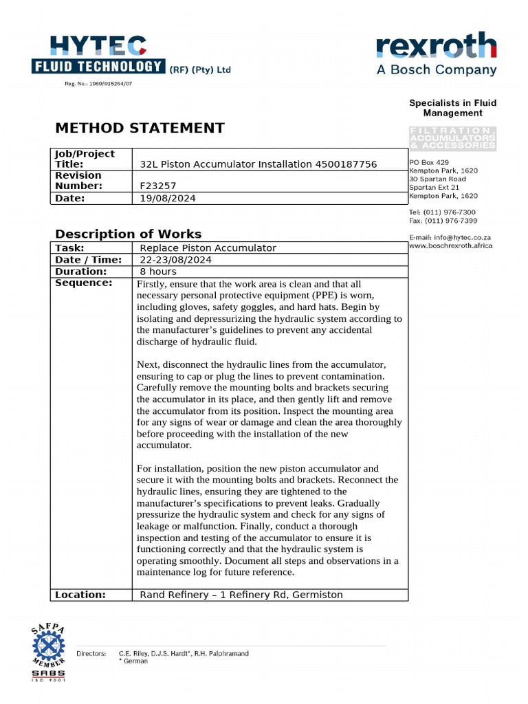 HFT LH METHOD STATEMENT - Rand Refinery Aug24 | PDF | Leak | Mechanical ...